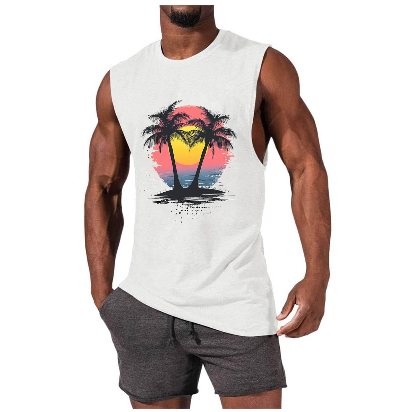 Aueoeo Men's Sleeveless Pullover Crew Neck Graphic Print Tank Tops Workout Gym Lightweight ...