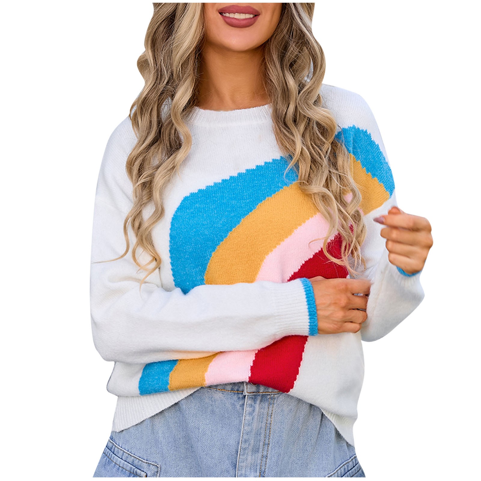 Aueoeo Crew Neck Sweater For Women Color Patchwork Stripe Top Casual ...