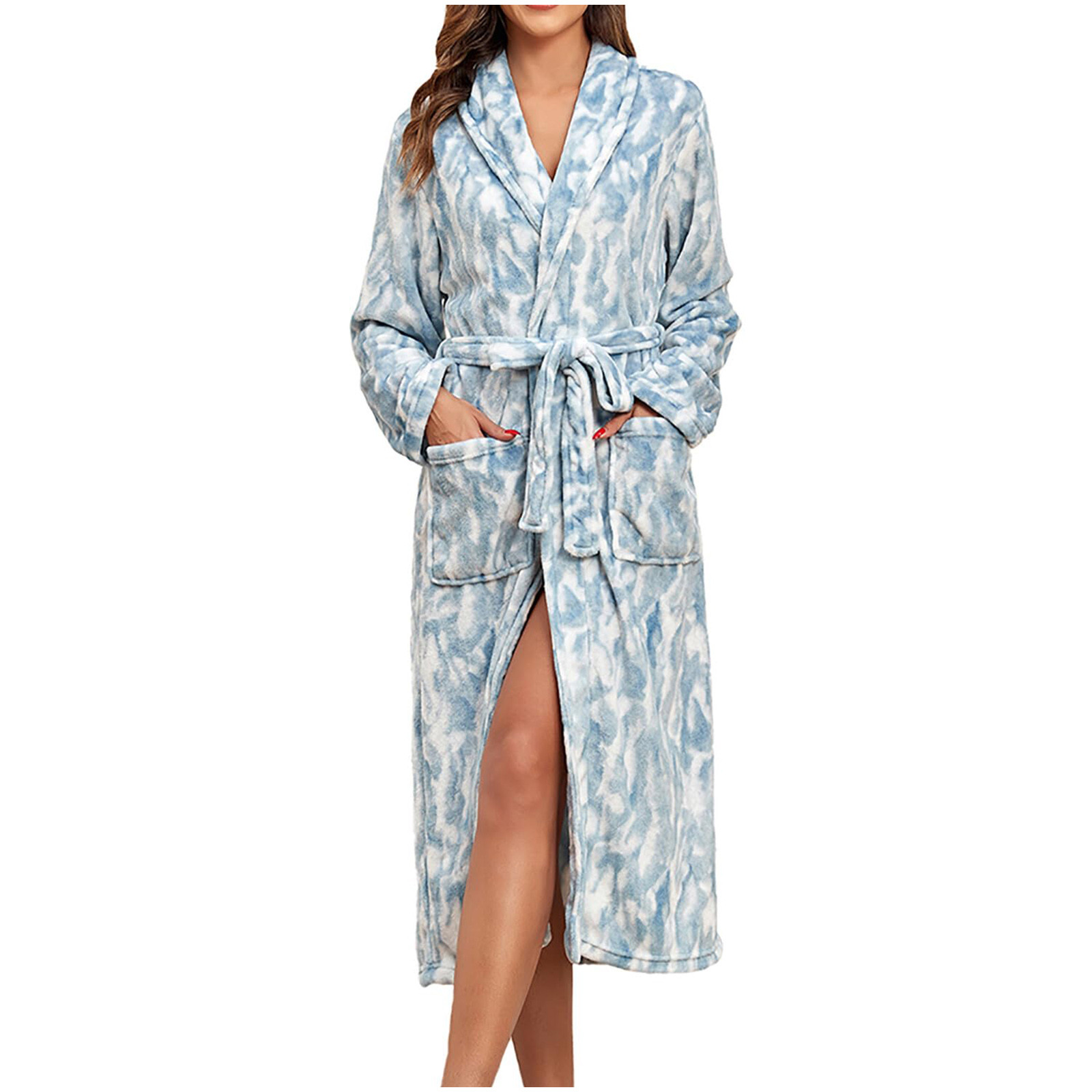 Aueoeo Long Winter Robe For Ladies Fleece Lined Bathrobe Front Lace Up ...