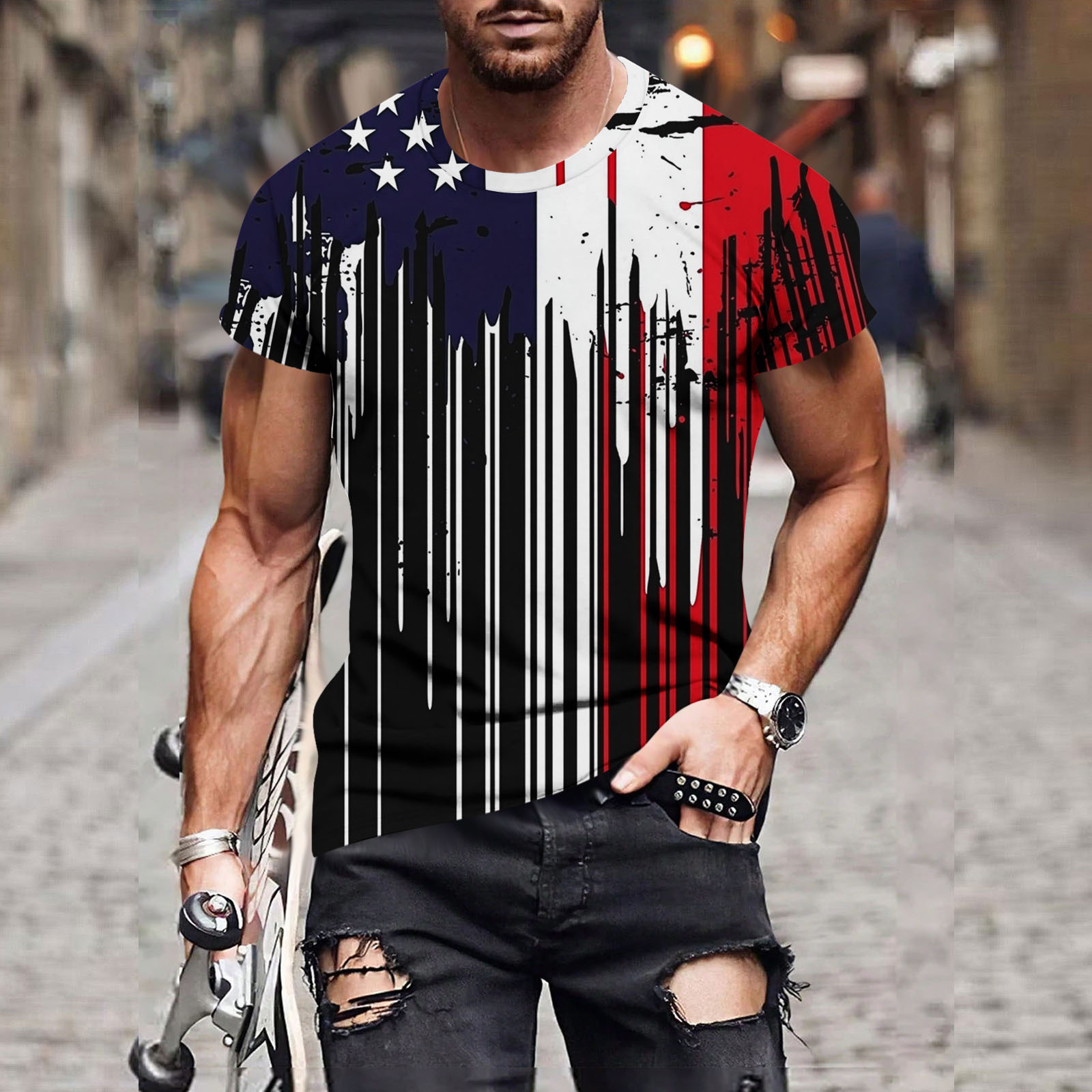 Aueoeo Men's Short Sleeved T-Shirt Round Neck Funny Independence Day ...