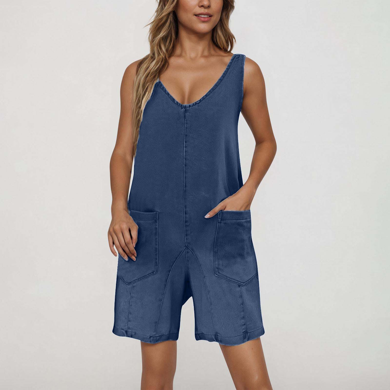Aueoeo Women's Crew Neck Sleeveless Denim Shorts Overall Dress ...