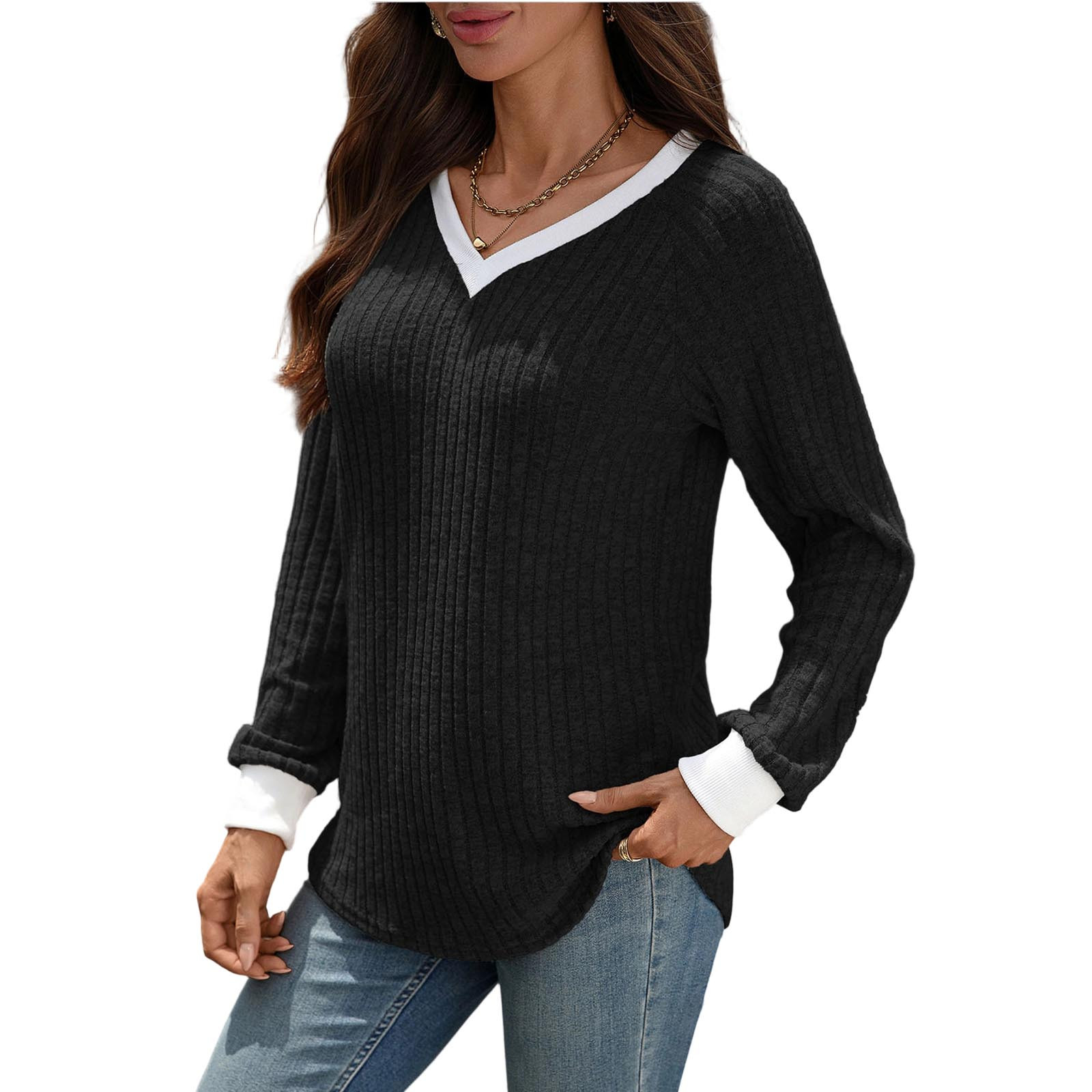 Aueoeo Women's V Neck Dressy Tops Textured Long Sleeve Basic Tops ...