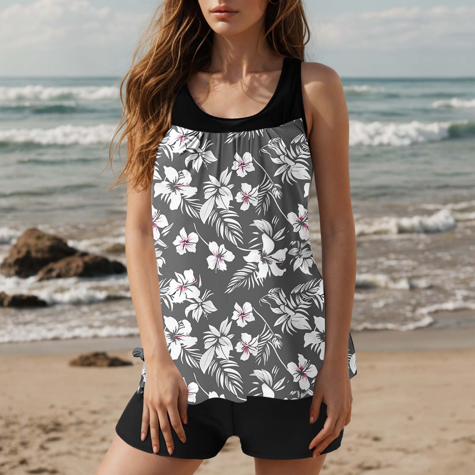 Aueoeo Women's High-Waisted Printed Tank Suits Set Conservative 2-Piece ...