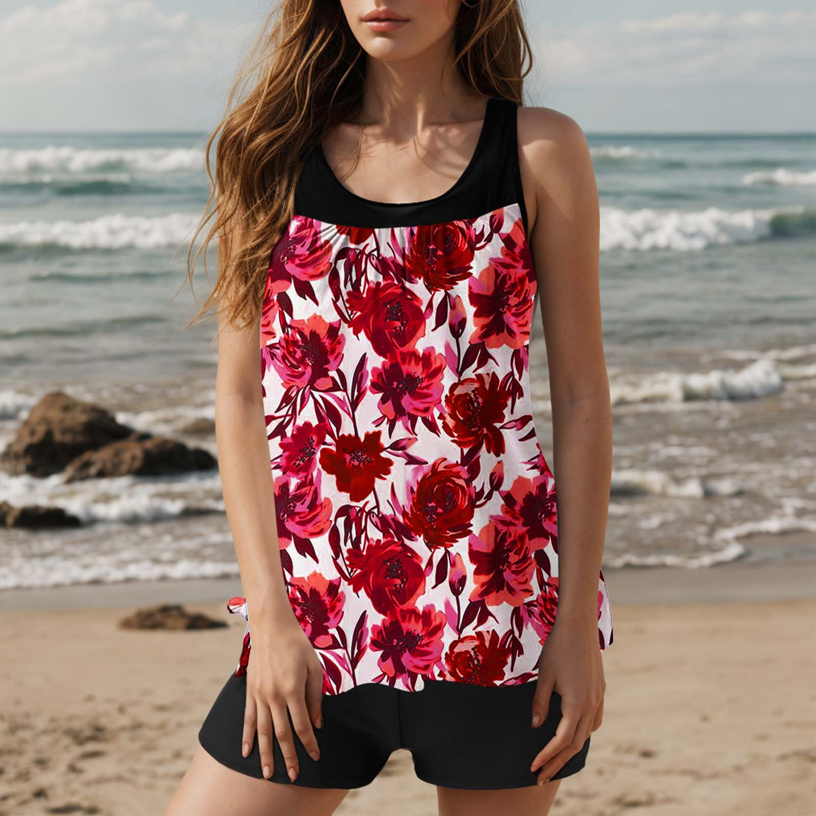 Aueoeo Women's High-Waisted Printed Tank Suits Set Conservative 2-Piece ...