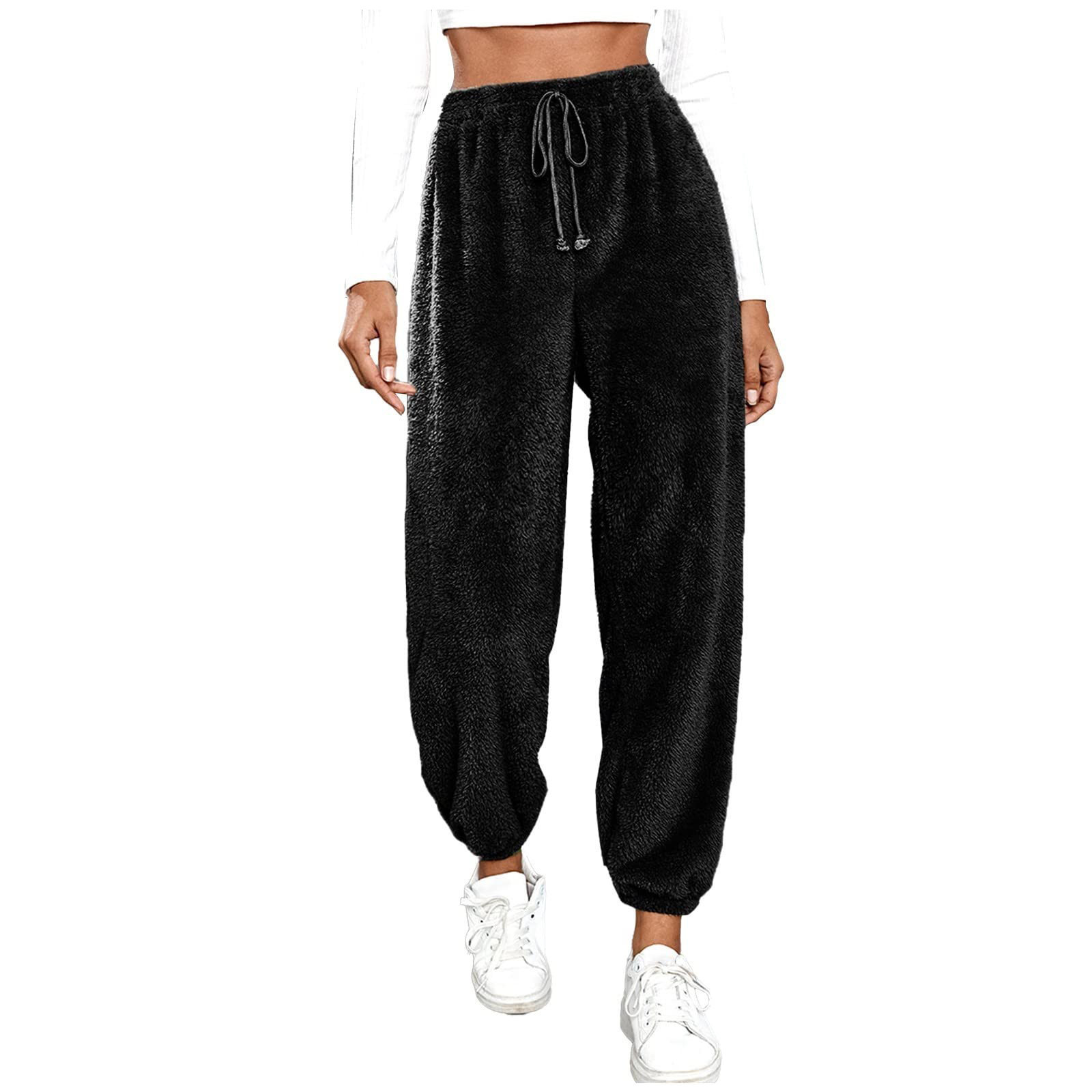 Aueoeo Women's Fuzzy Pants Furry Faux Furs Elastic Waist Pants Daily ...