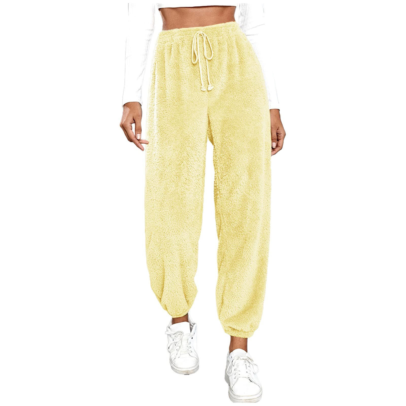 Aueoeo Women's Fuzzy Pants Furry Faux Furs Elastic Waist Pants Daily ...