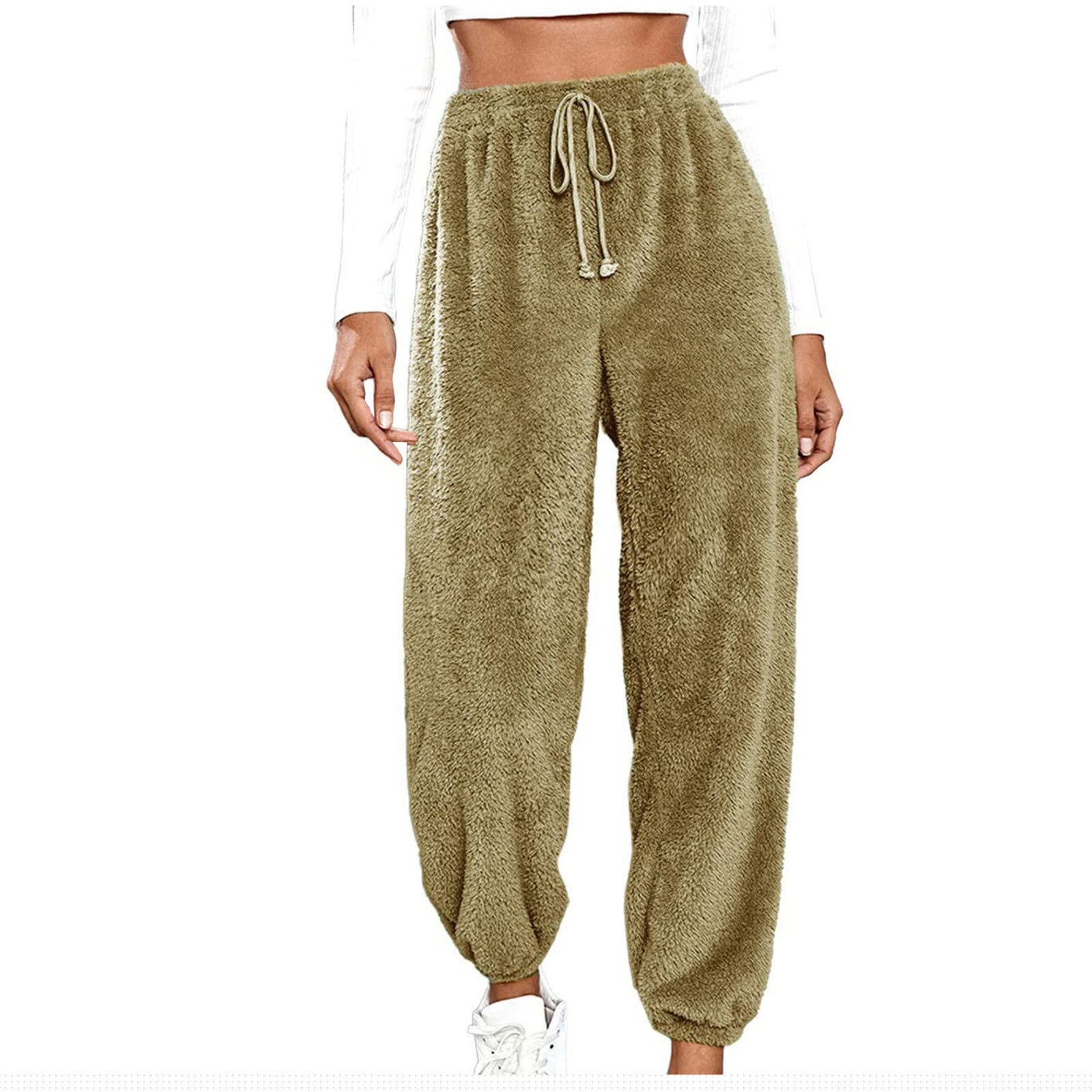 Aueoeo Women's Fuzzy Pants Furry Faux Furs Elastic Waist Pants Daily ...