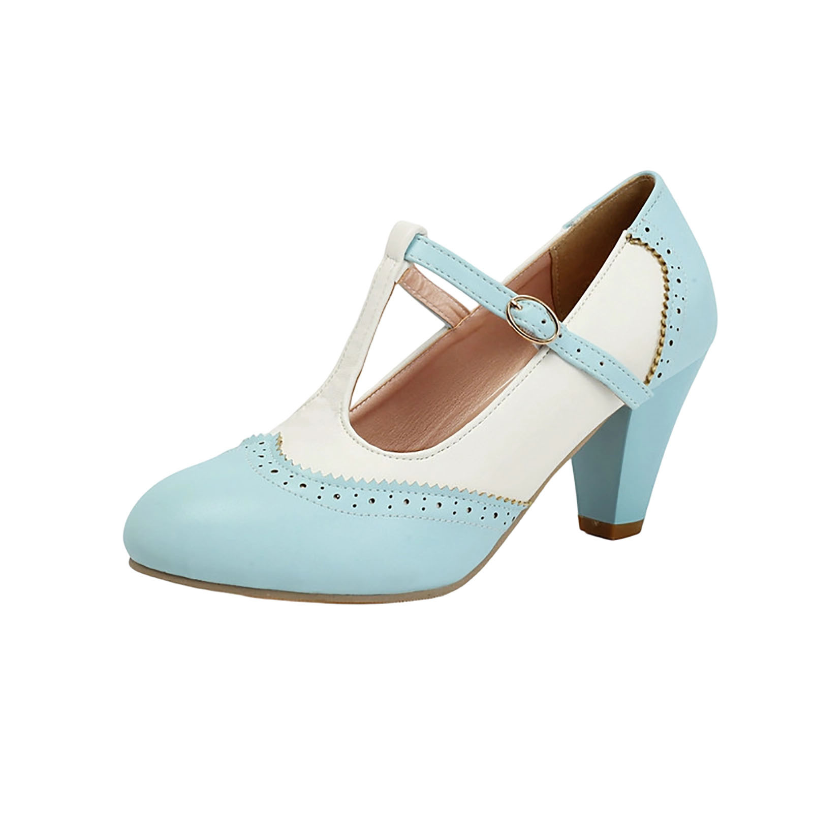 Aueoeo Women Elegant Heel Pumps Shoes Ankle T-Strap Round Closed Toe ...