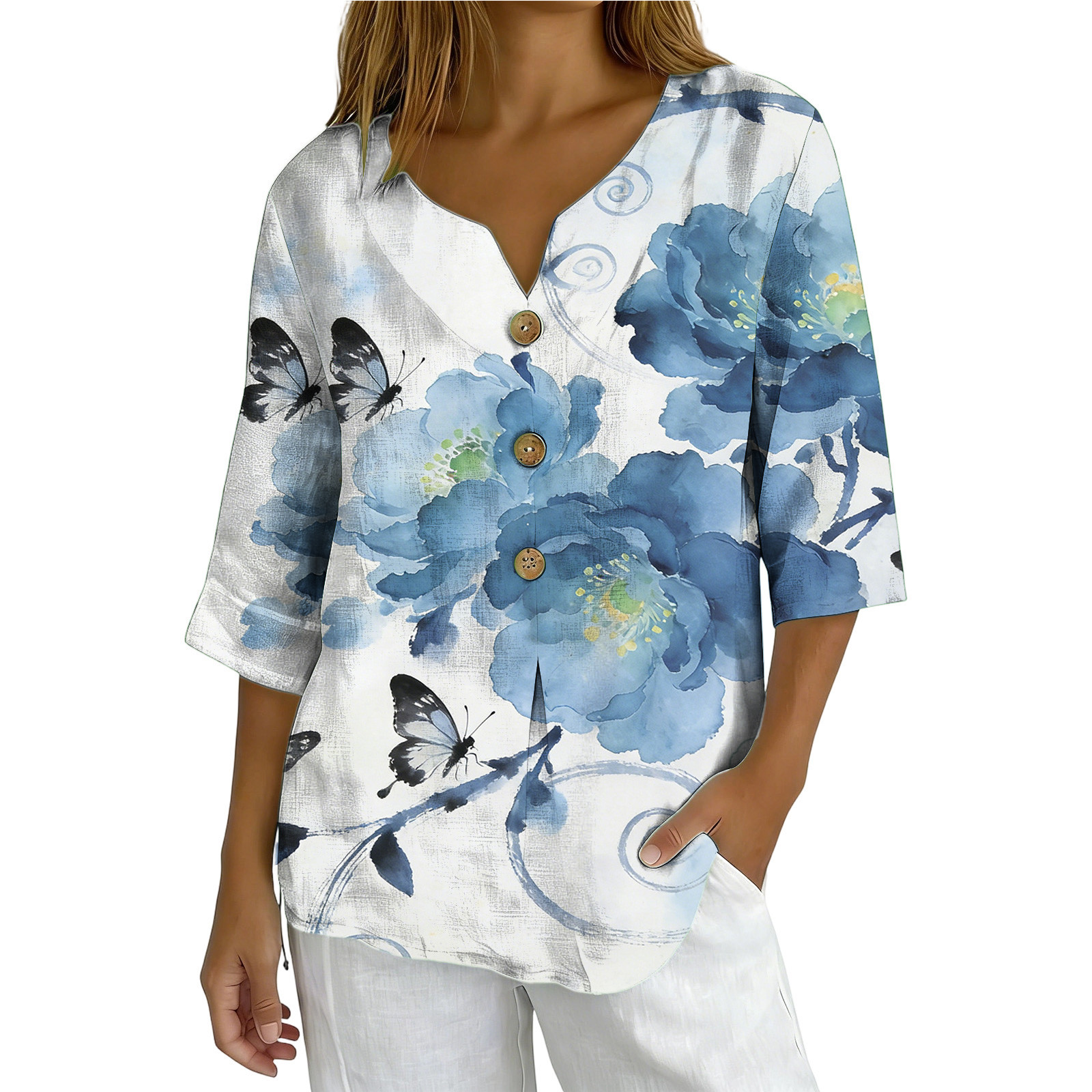 Aueoeo Women Button Up T Shirts Graphic Printed 3/4 Length Sleeve Tops ...